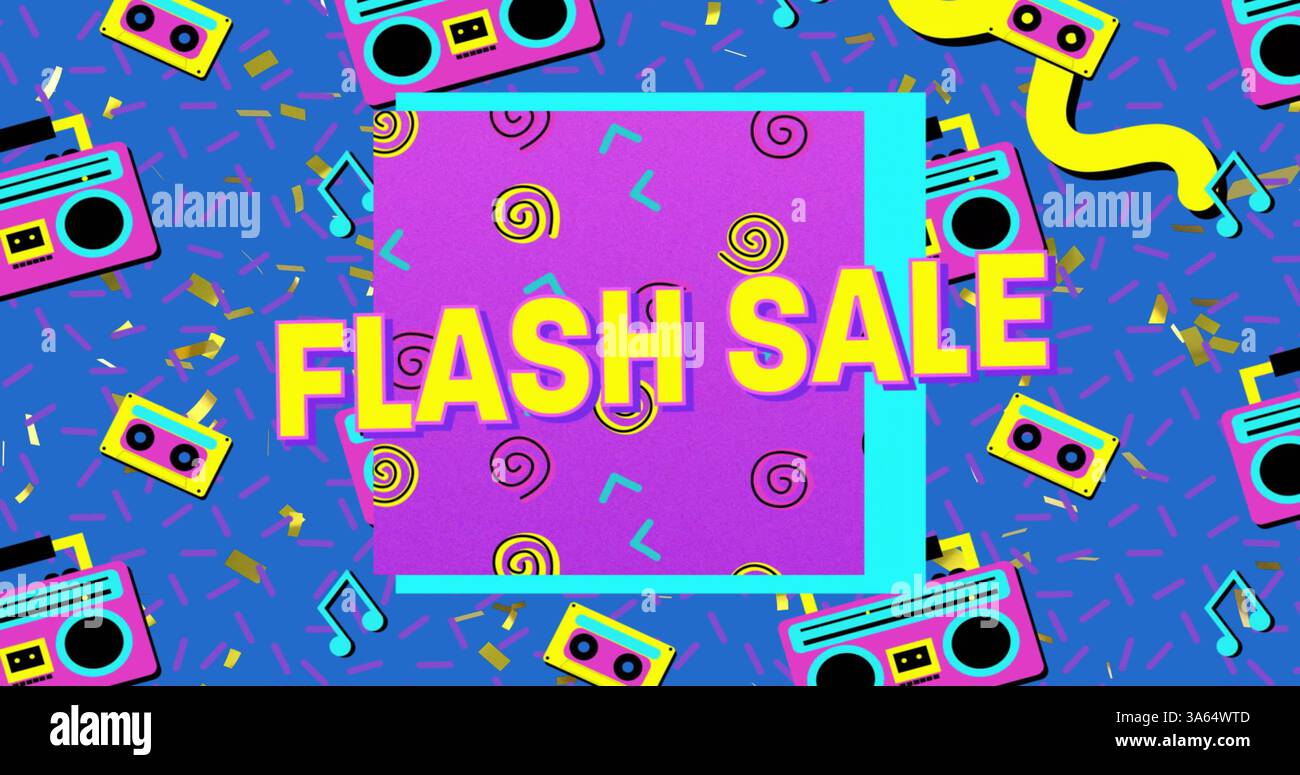 Colorful retro-themed flash sale banner with vibrant patterns and bold ...