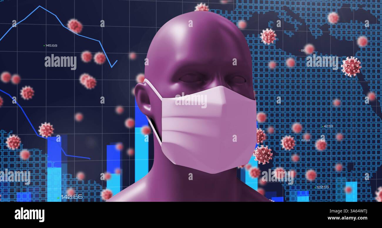 Digital illustration of person wearing mask with virus particles and ...