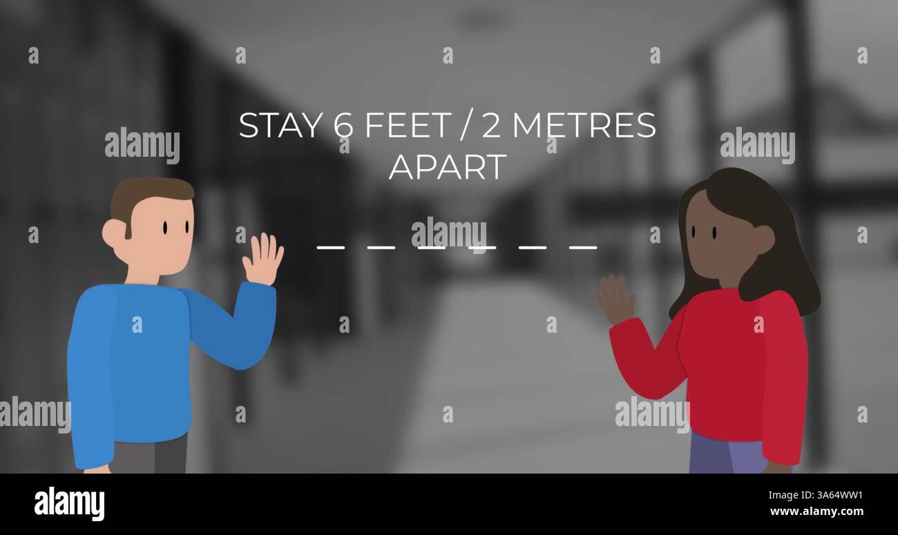In school hallway, animated characters maintaining distance, promoting ...