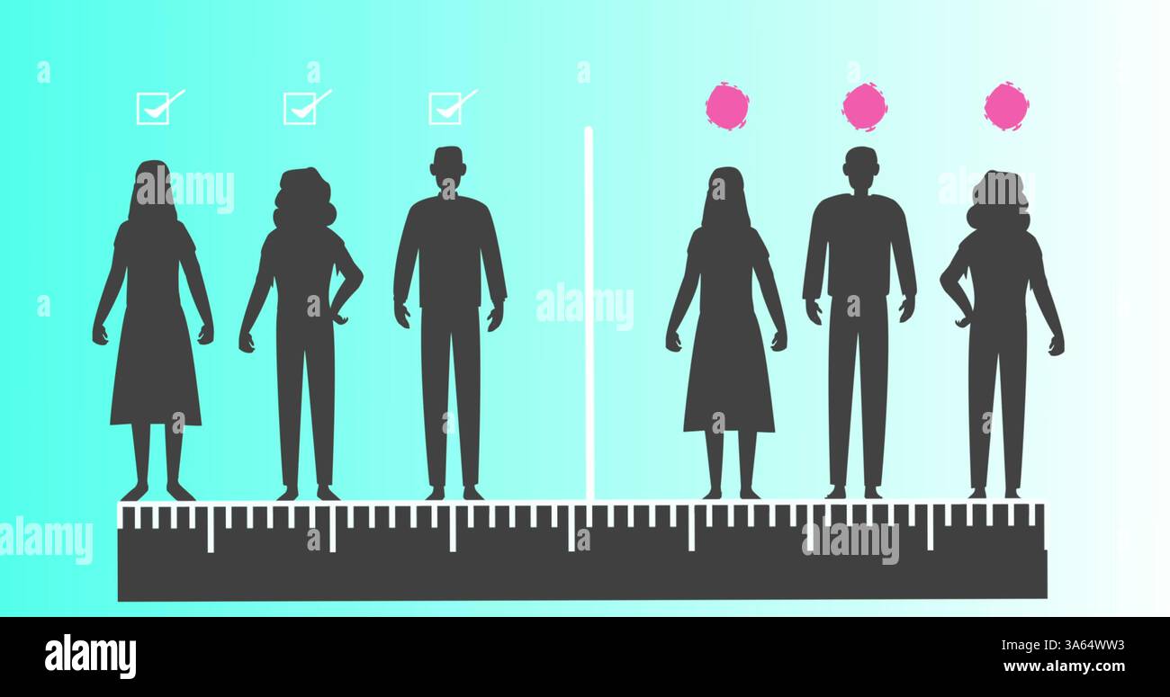 Silhouettes of people standing on ruler with virus icons and check ...
