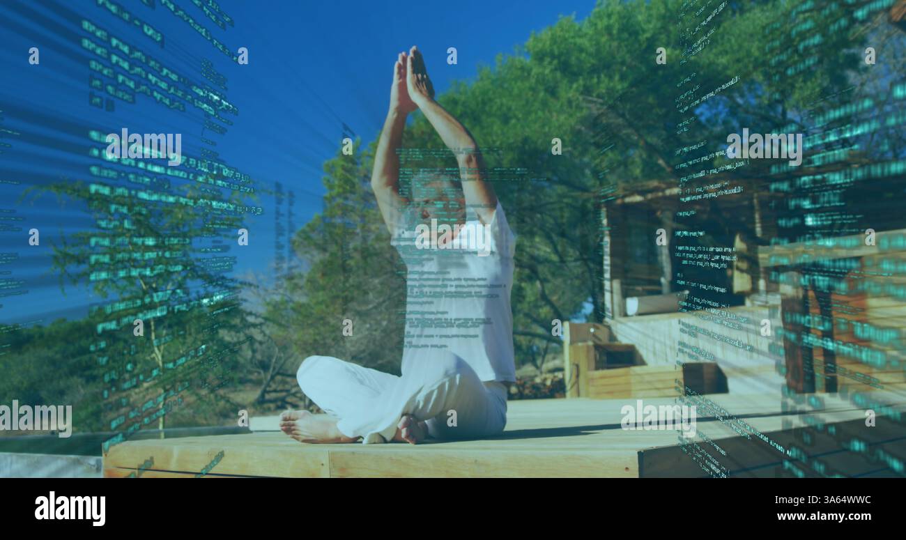 Practicing yoga outdoors, person surrounded by digital code, blending ...