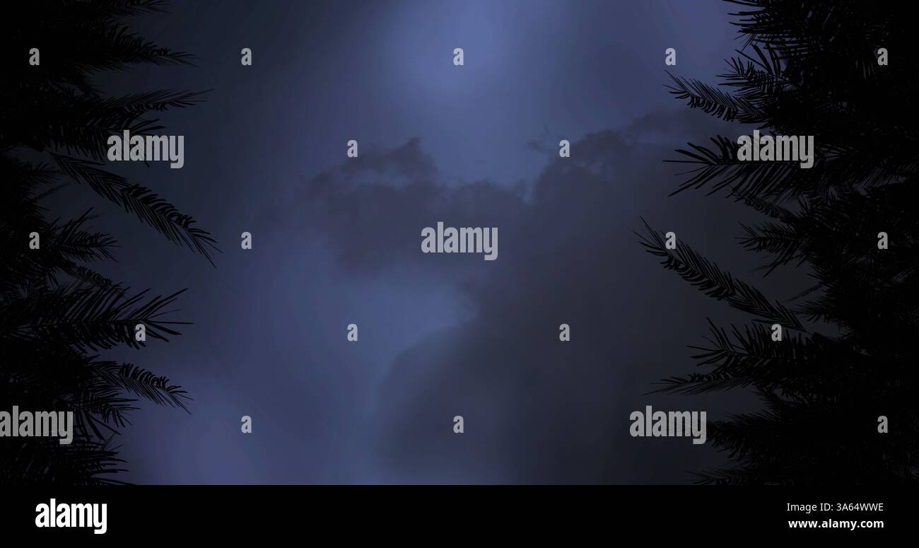 Dark clouds forming ominous shapes in night sky framed by silhouetted ...