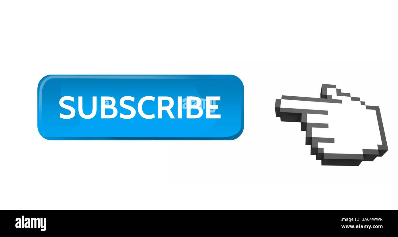 Pixelated hand cursor pointing to blue subscribe button for online ...