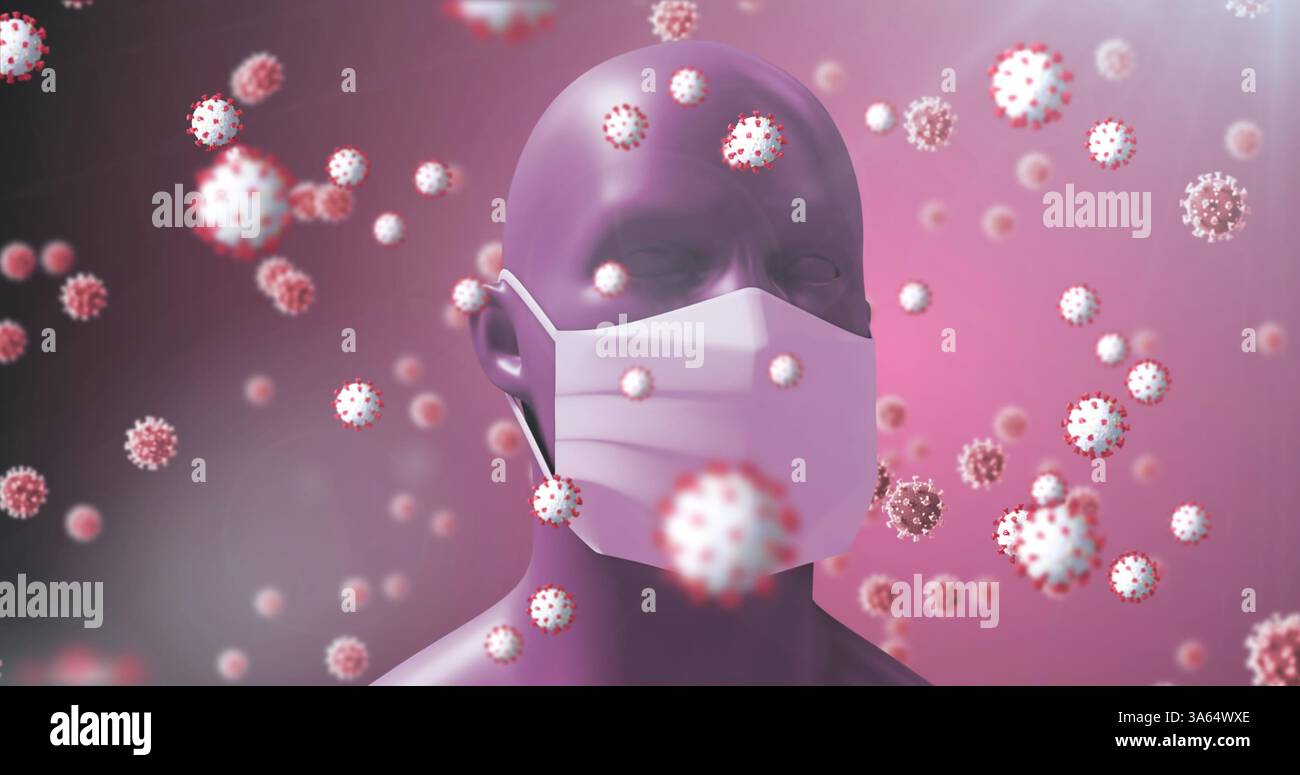 Wearing mask, person surrounded by virus particles, illustrating global ...