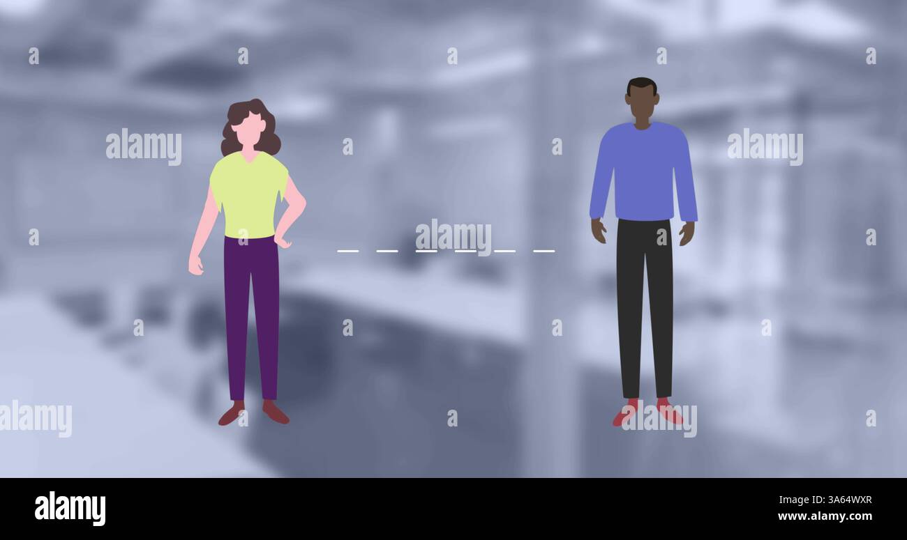 Two people maintaining social distance in office, promoting health and ...