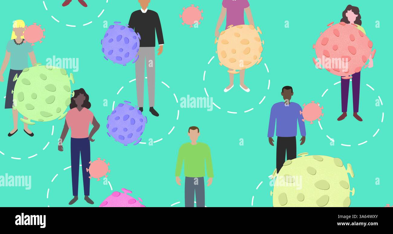 Maintaining social distance, diverse group surrounded by virus ...