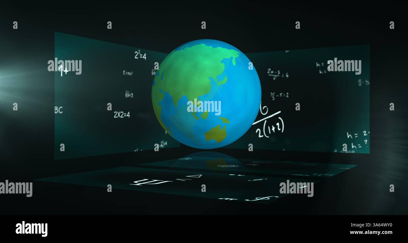 Mathematical equations floating around globe, symbolizing education and ...