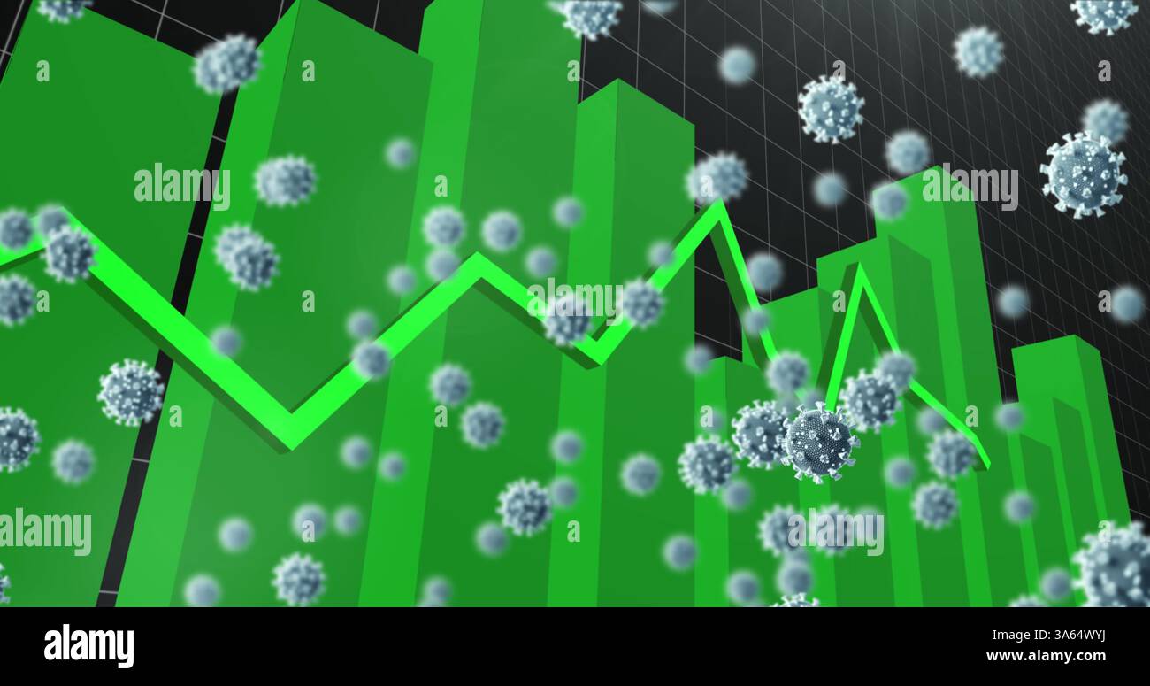 Green bar graph with virus icons illustrating economic impact during ...