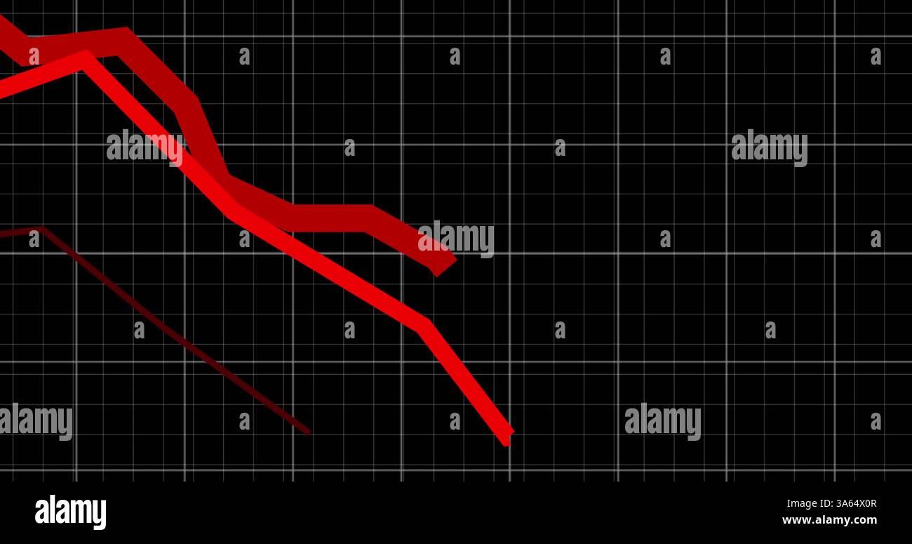 Red line graph displaying financial decline on black grid background ...