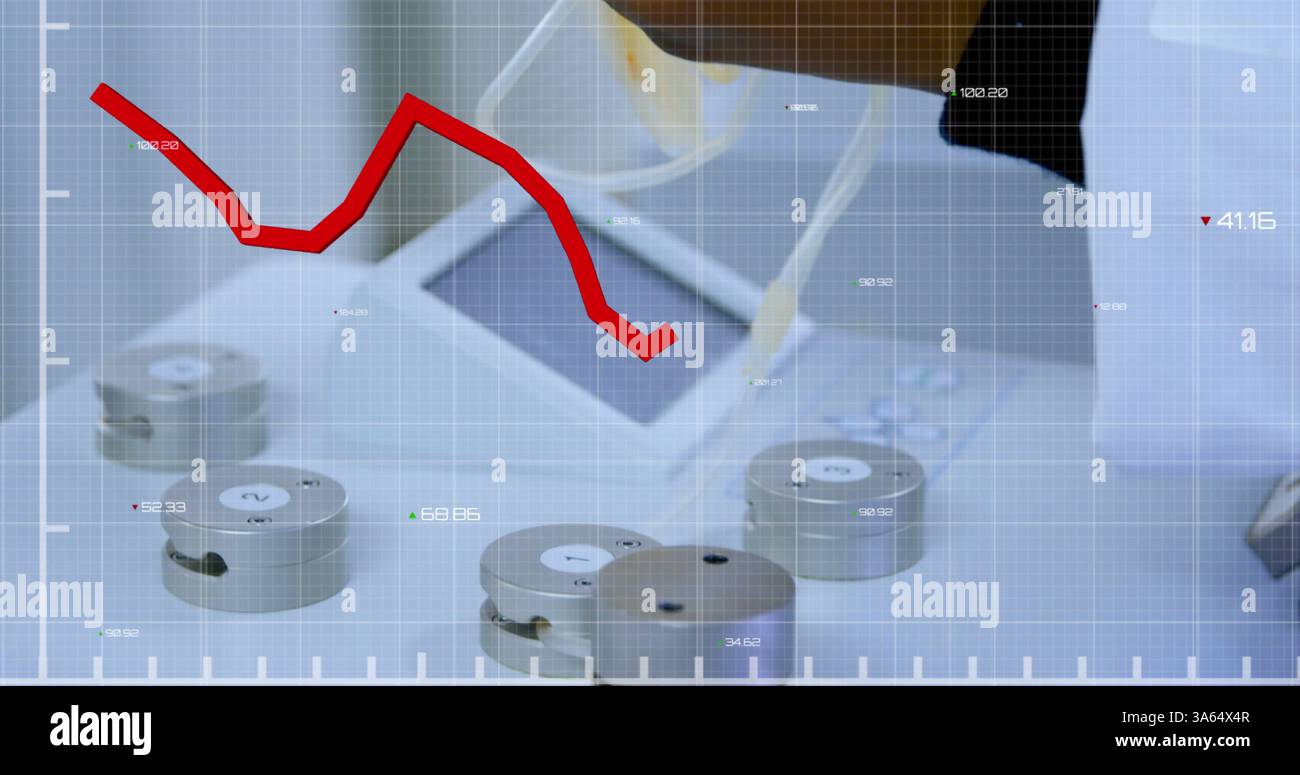 Analyzing data, hand adjusting medical equipment with declining graph ...
