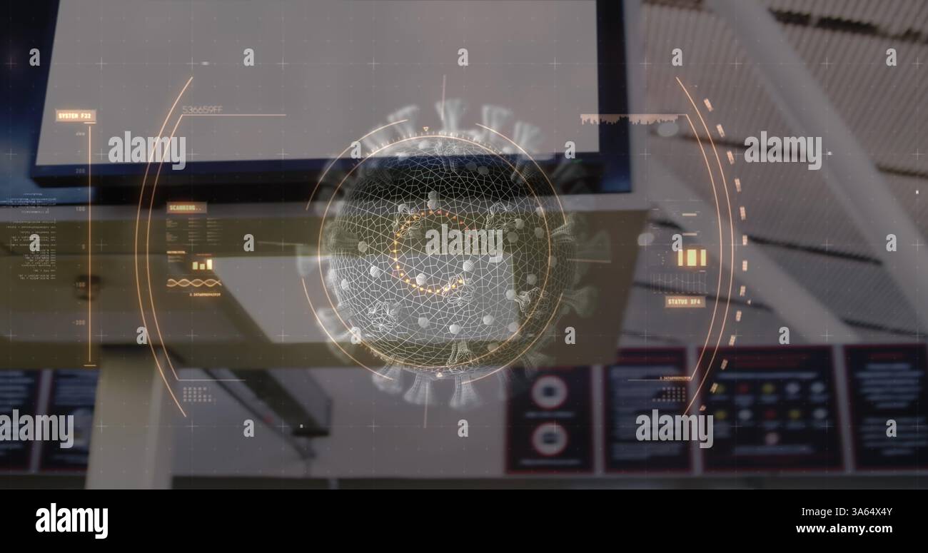 Coronavirus digital representation hovering in modern laboratory ...