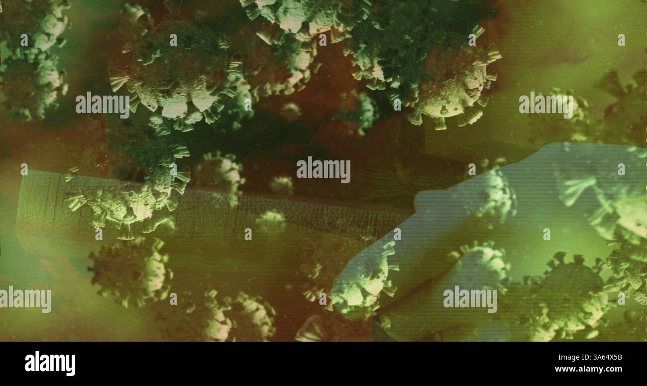 Coronavirus particles floating in greenish environment under microscope ...