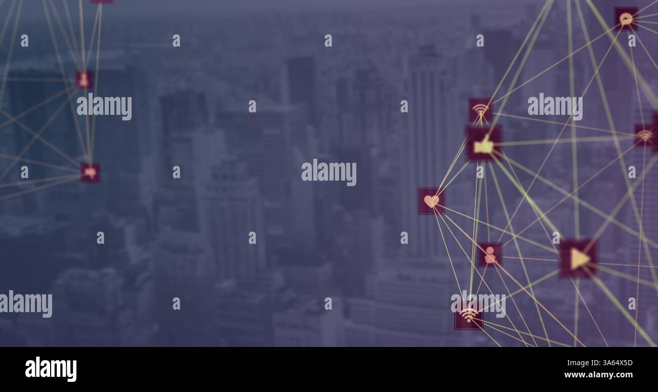 Cityscape with digital network connections overlay, showing modern ...