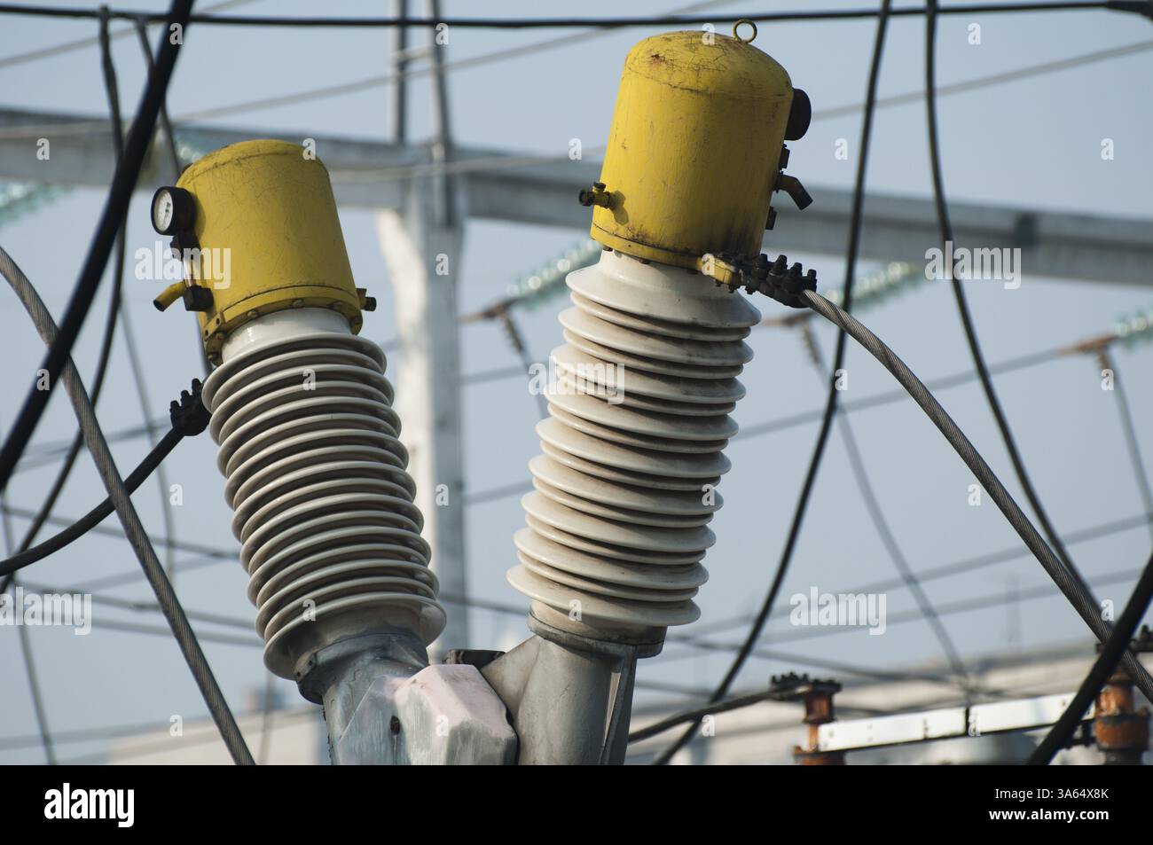 High-voltage wires and transformers. Electrical distribution station ...