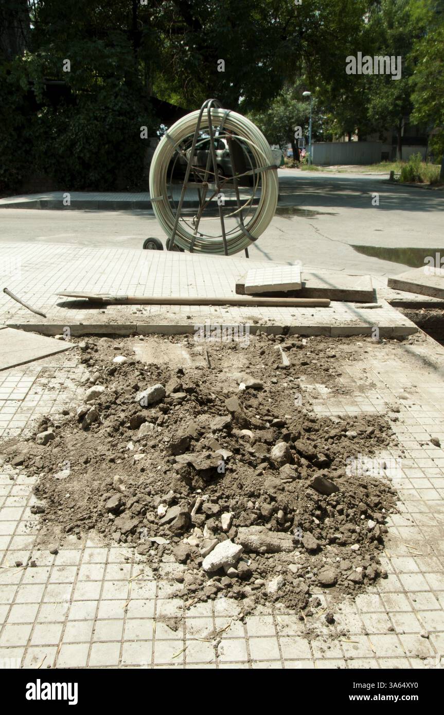 Wiring with fiber optic cables underground.Telecommunications equipment ...