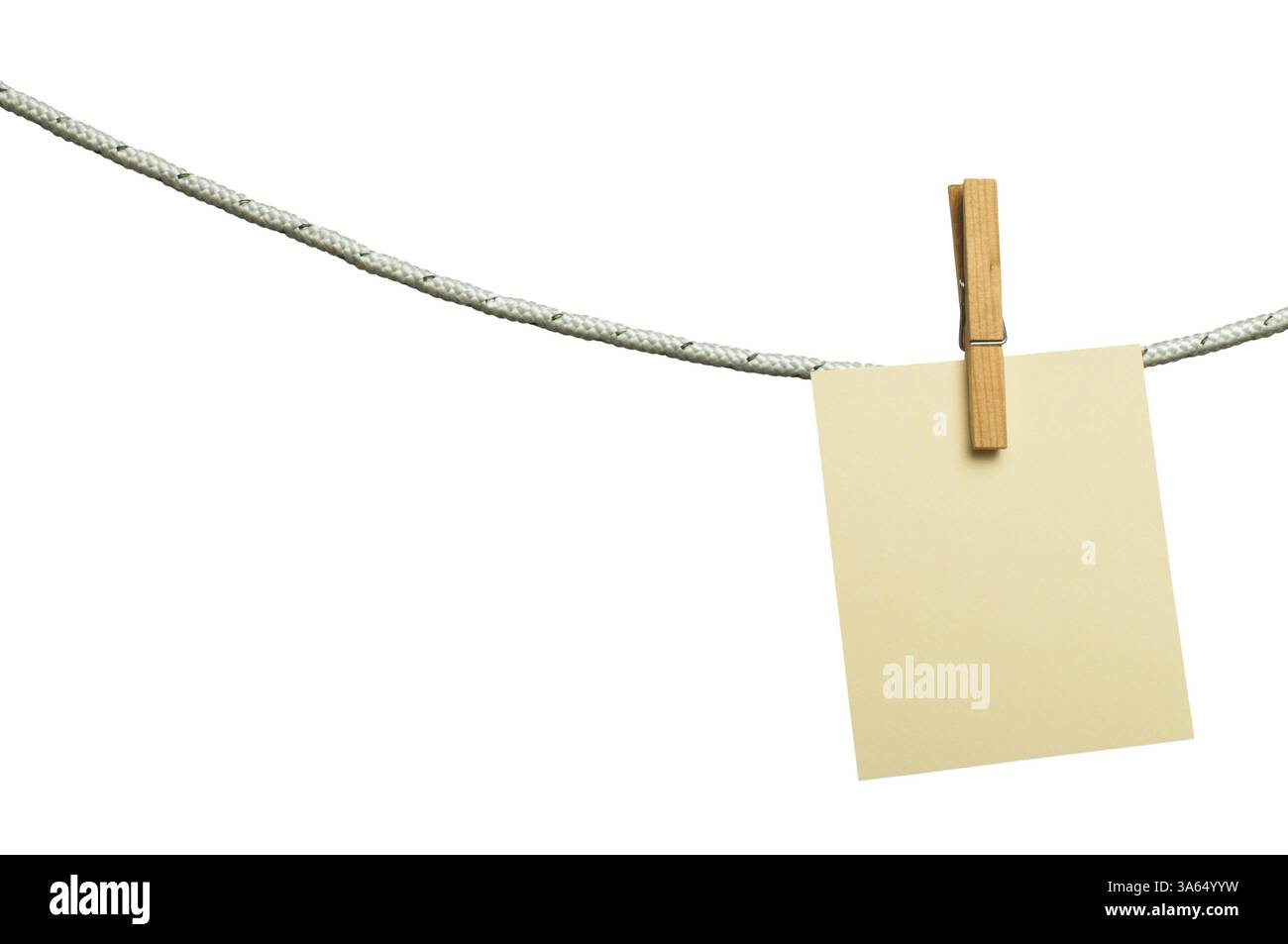 Note papers hooked on a rope. White isolated studio shot Stock Photo ...