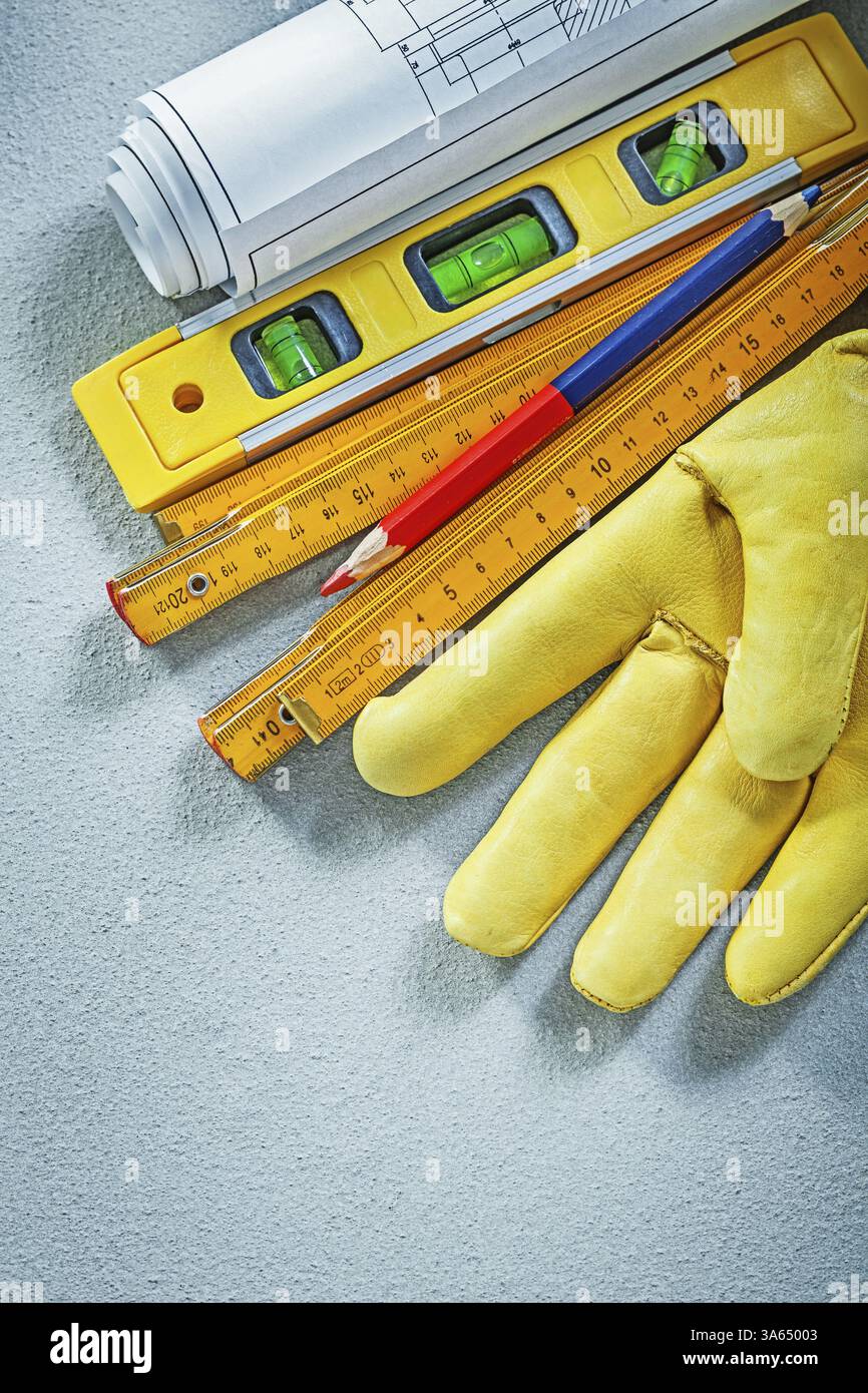 Set of safety gloves construction level wooden meter engineering ...