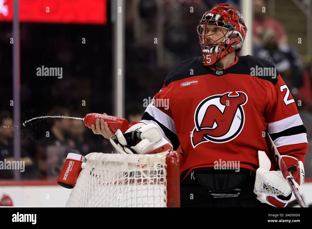 New Jersey Devils goaltender Jacob Markstrom (25) reacts during the ...