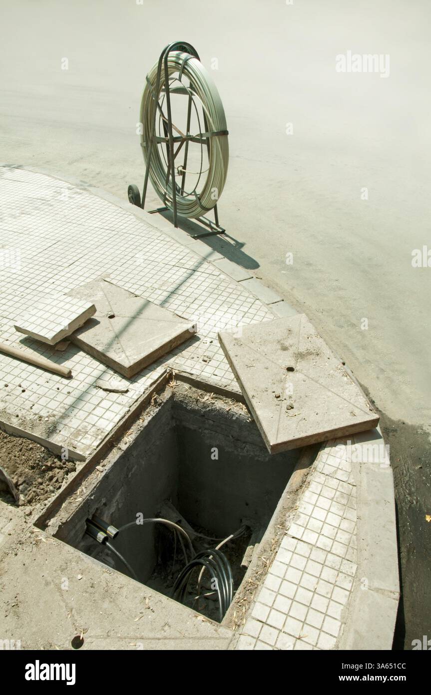 Wiring with fiber optic cables underground.Telecommunications equipment ...