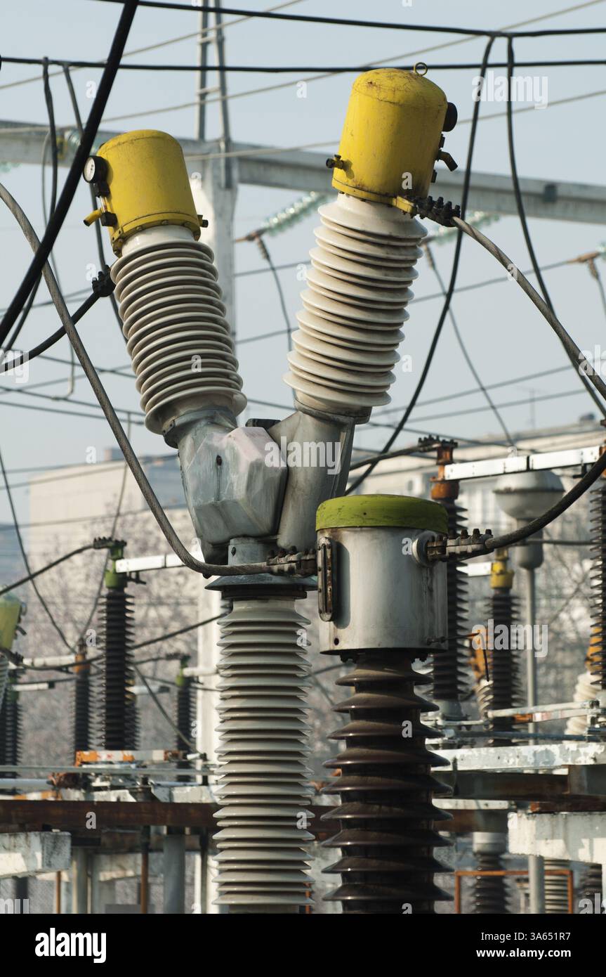 High-voltage wires and transformers. Electrical distribution station ...