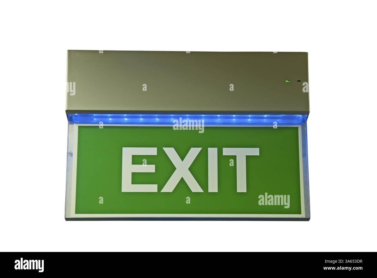 Green emergency exit sign with blue light.Isolated white background ...