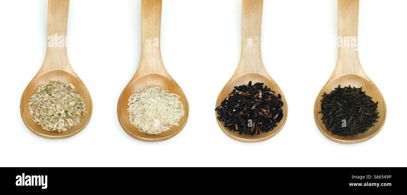Rice integral, basmati, Wild rice and black rice in wooden spoon on ...