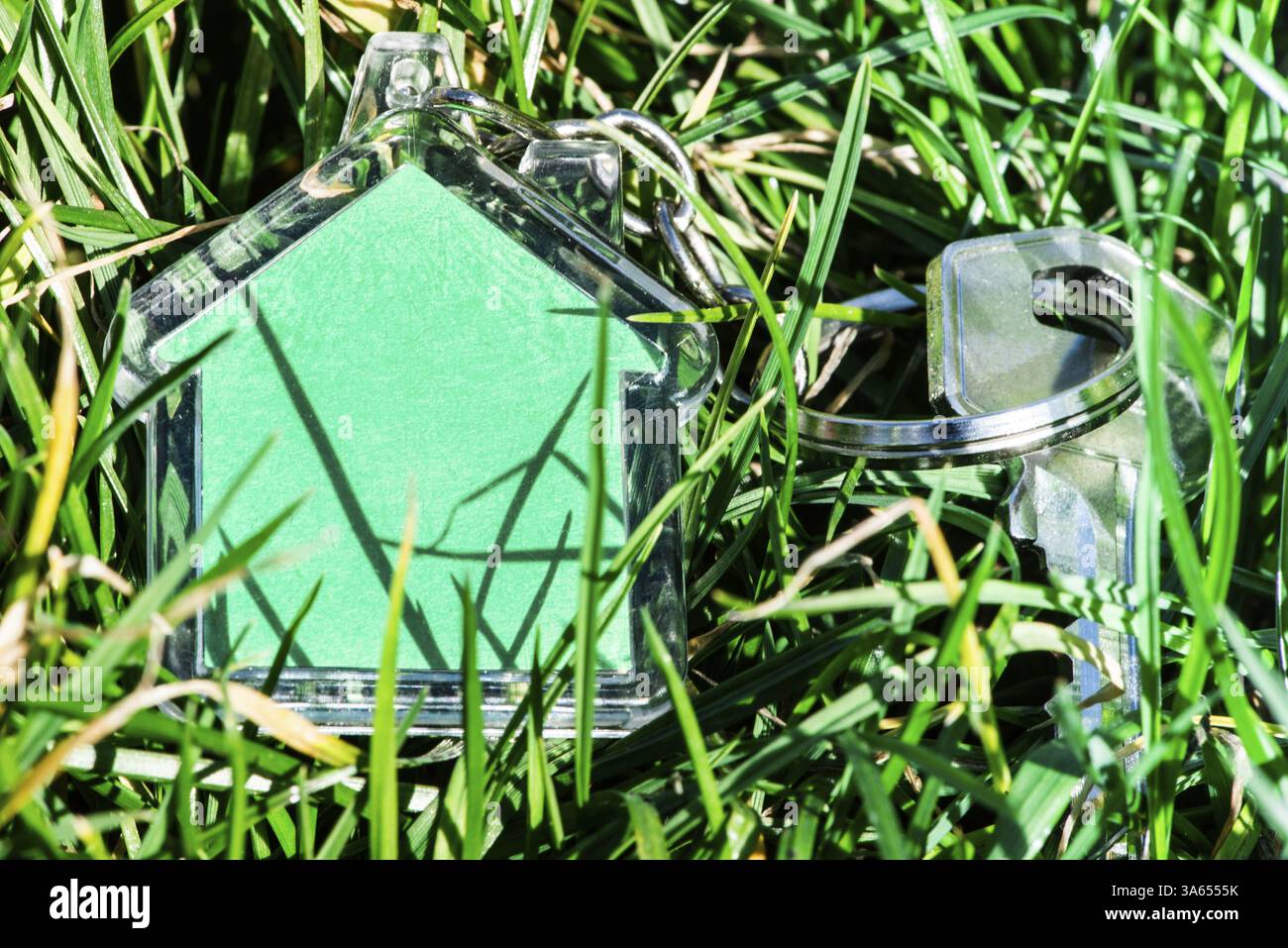 Shape of a house on grass and keys. Sun light Stock Photo - Alamy