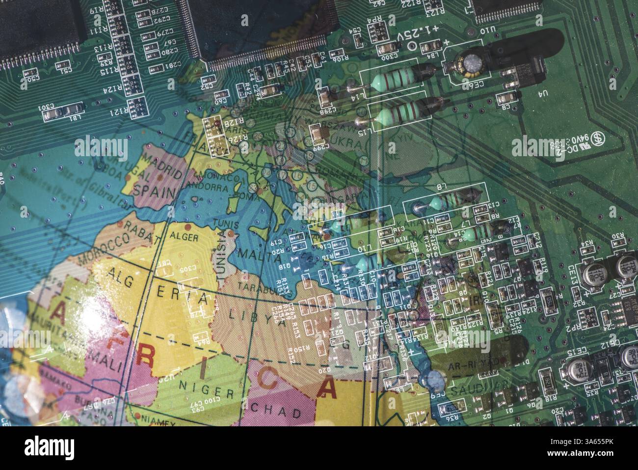 Double exposure technology background and world map. Motherboard Stock ...