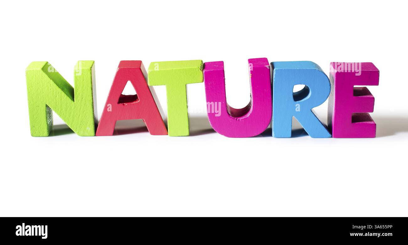 Multicolored word nature made of wood. White background Stock Photo - Alamy