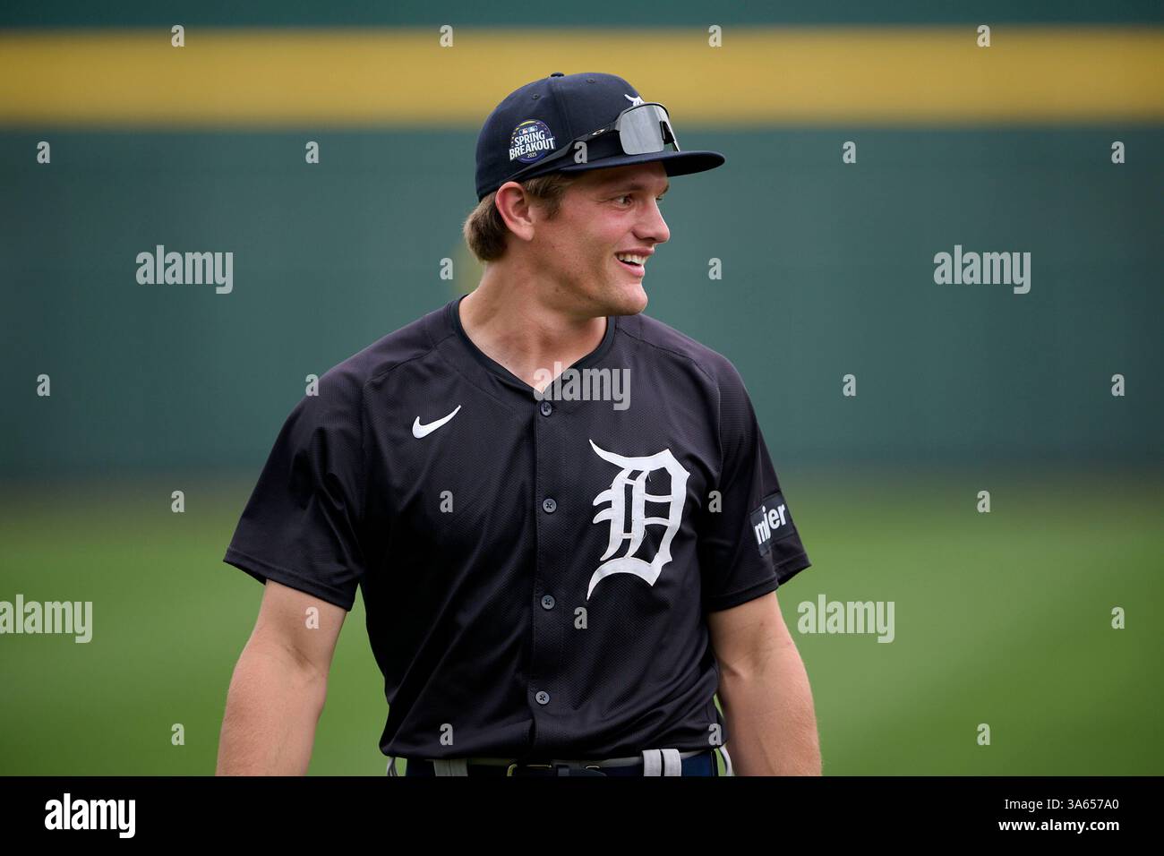 Detroit Tigers outfielder Brett Callahan (58) during warmups before an ...
