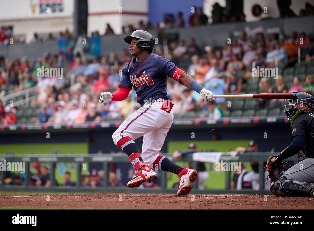 Atlanta Braves John Gil (97) at bat during an MLB Spring Breakout game against the Detroit ...