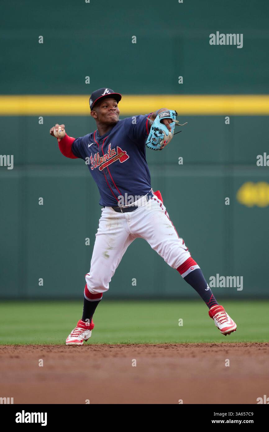 Atlanta Braves shortstop John Gil (97) throws to first base during an ...