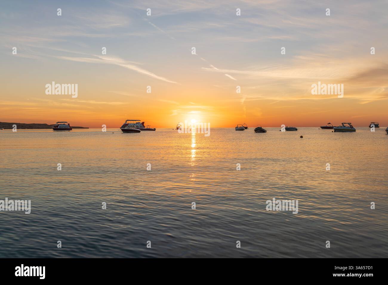 Sunrise over the sea. Panoramic seascape. Burning sky and shining ...