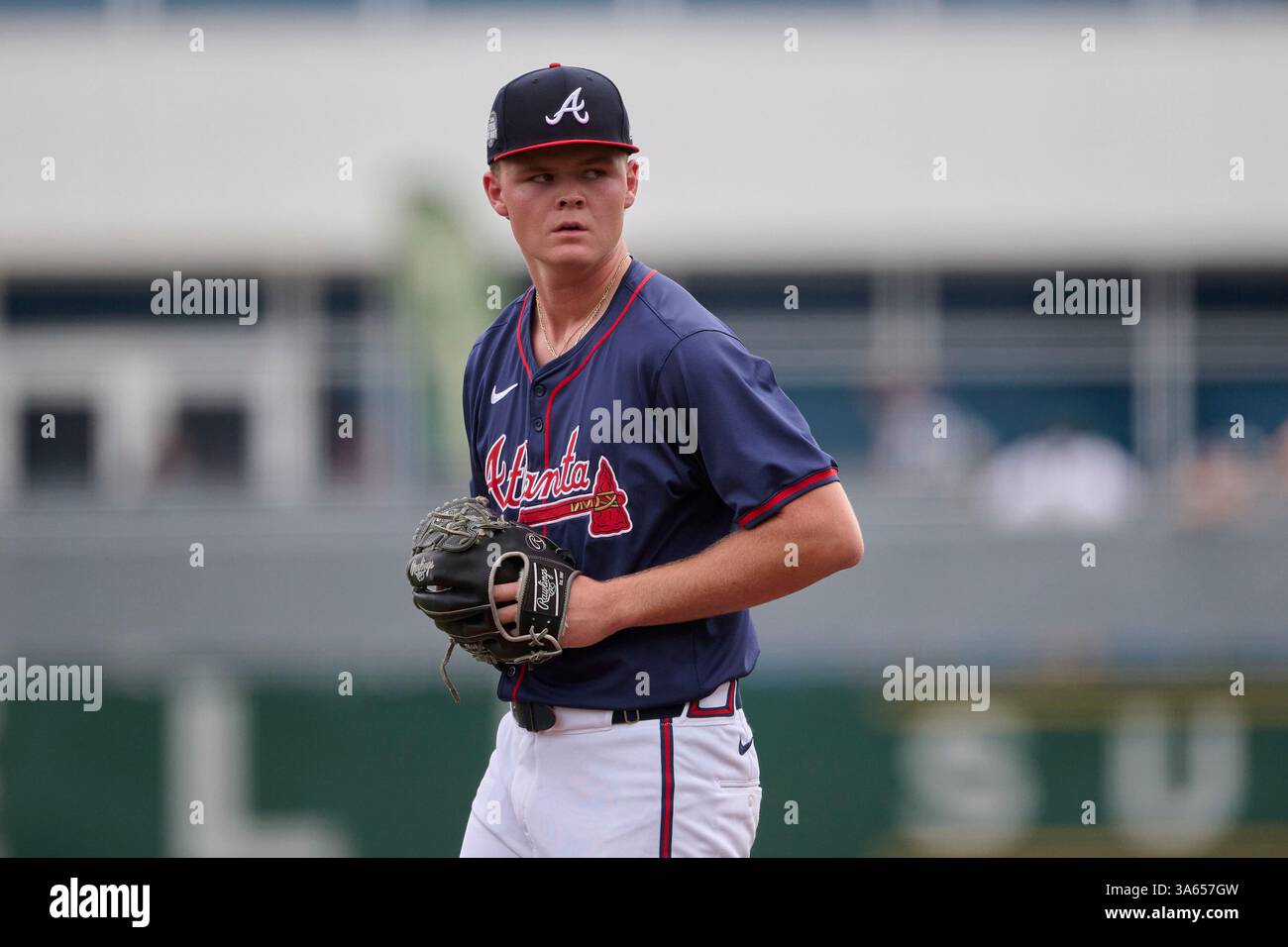 Atlanta Braves pitcher Garrett Baumann (91) during an MLB Spring ...