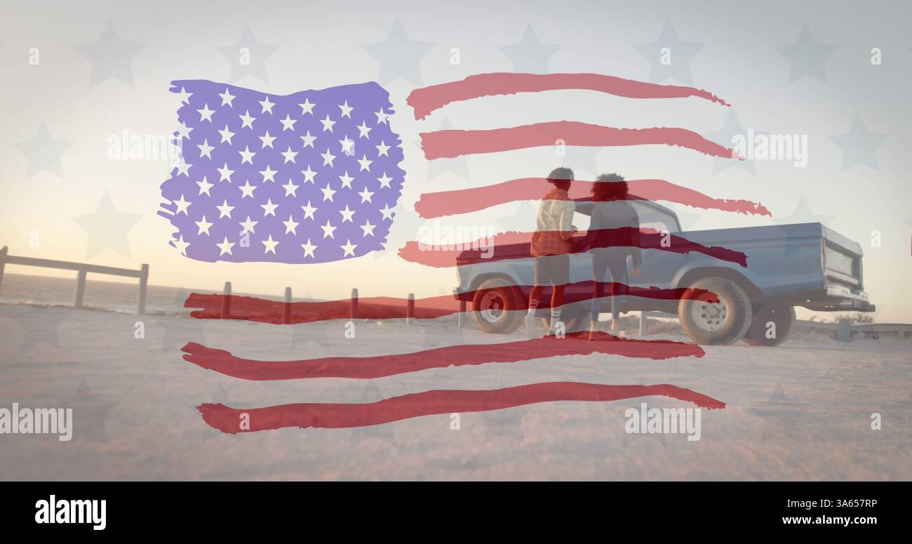Image of american flag drawn over biracial couple on beach by seaside ...
