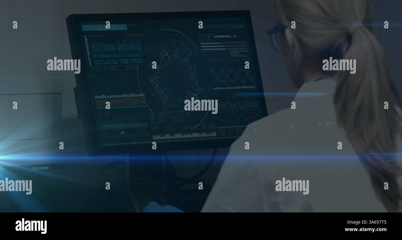 Image of female scientist looking at computer screen with data ...