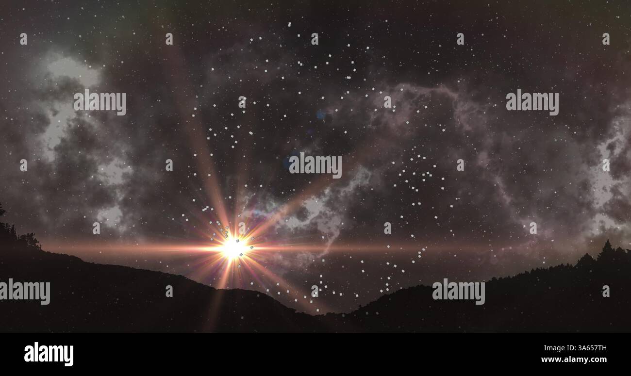 Image of yellow glowing spot of light, particles rotating and clouds ...