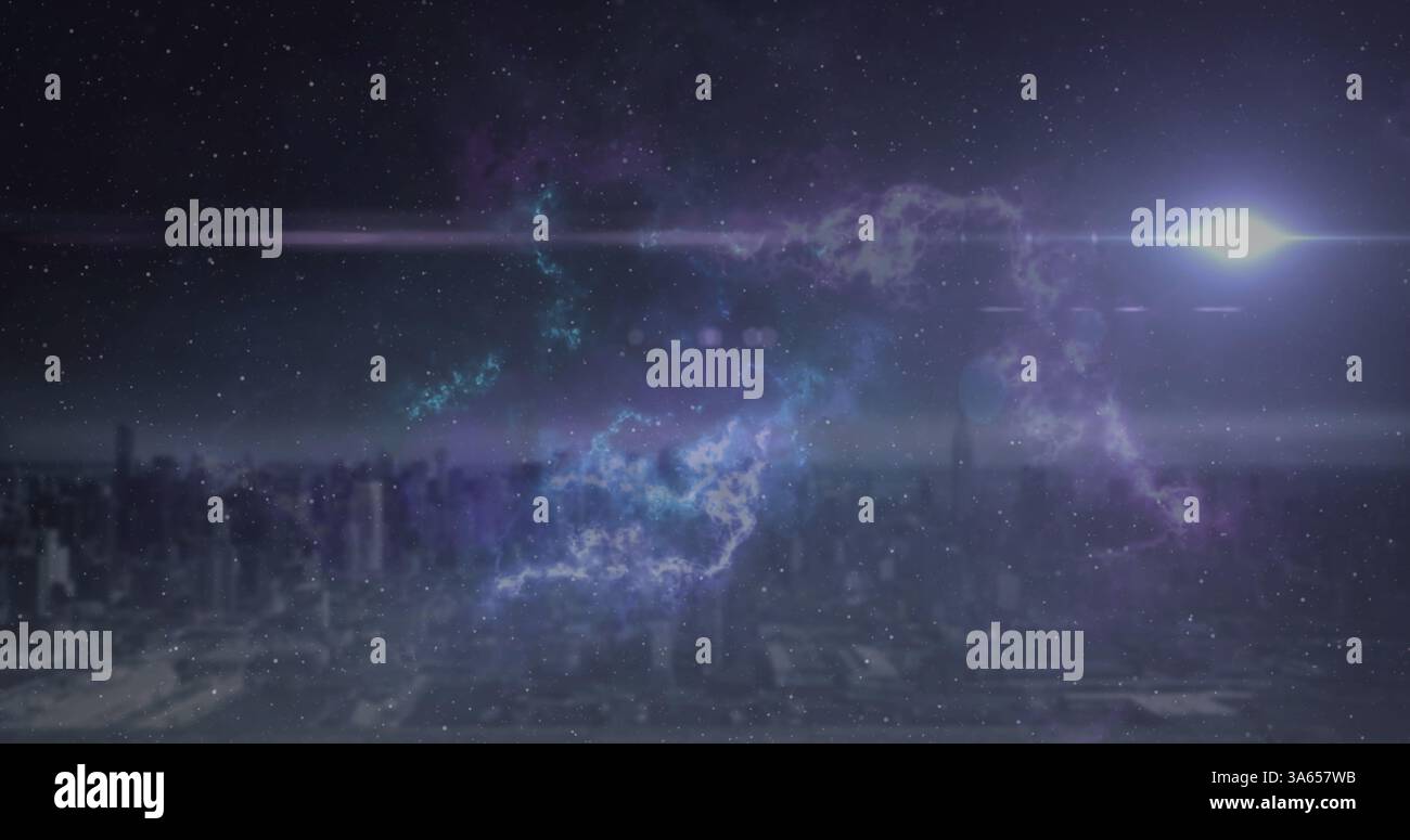 Image of glowing spot disappearing over city horizon line with clouds ...