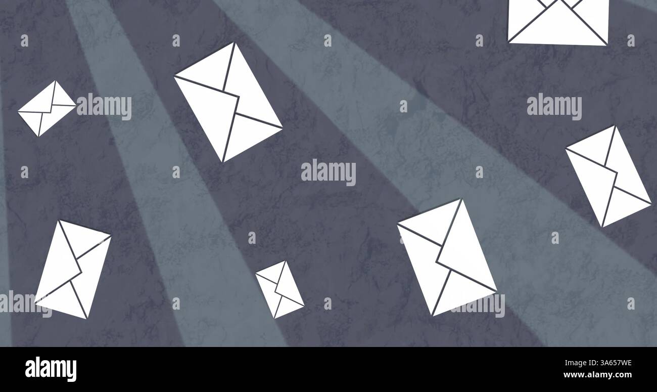 Image of envelope email icons falling over rotating grey bright stripes ...