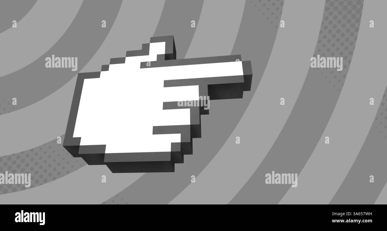 Image of digital pixelated finger pointing right over rotating grey ...