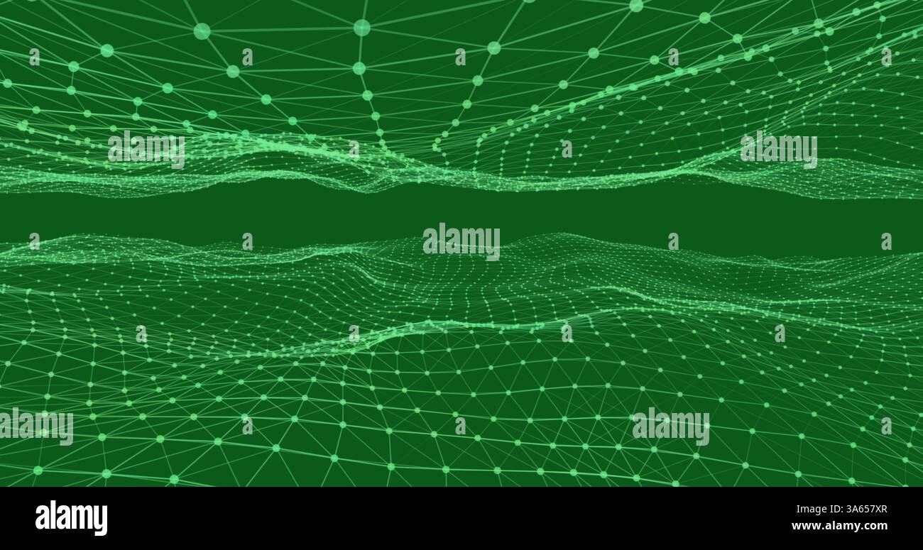 Abstract Digital Landscape With Interconnected Green Lines And Dots