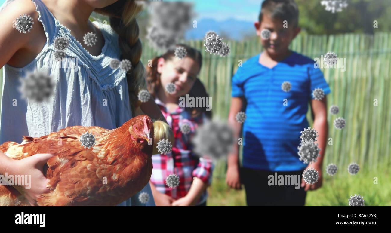 Children observing chicken outdoors with virus particles floating in ...