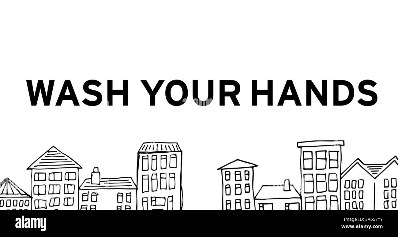 Illustrated cityscape with bold reminder to wash hands for hygiene ...