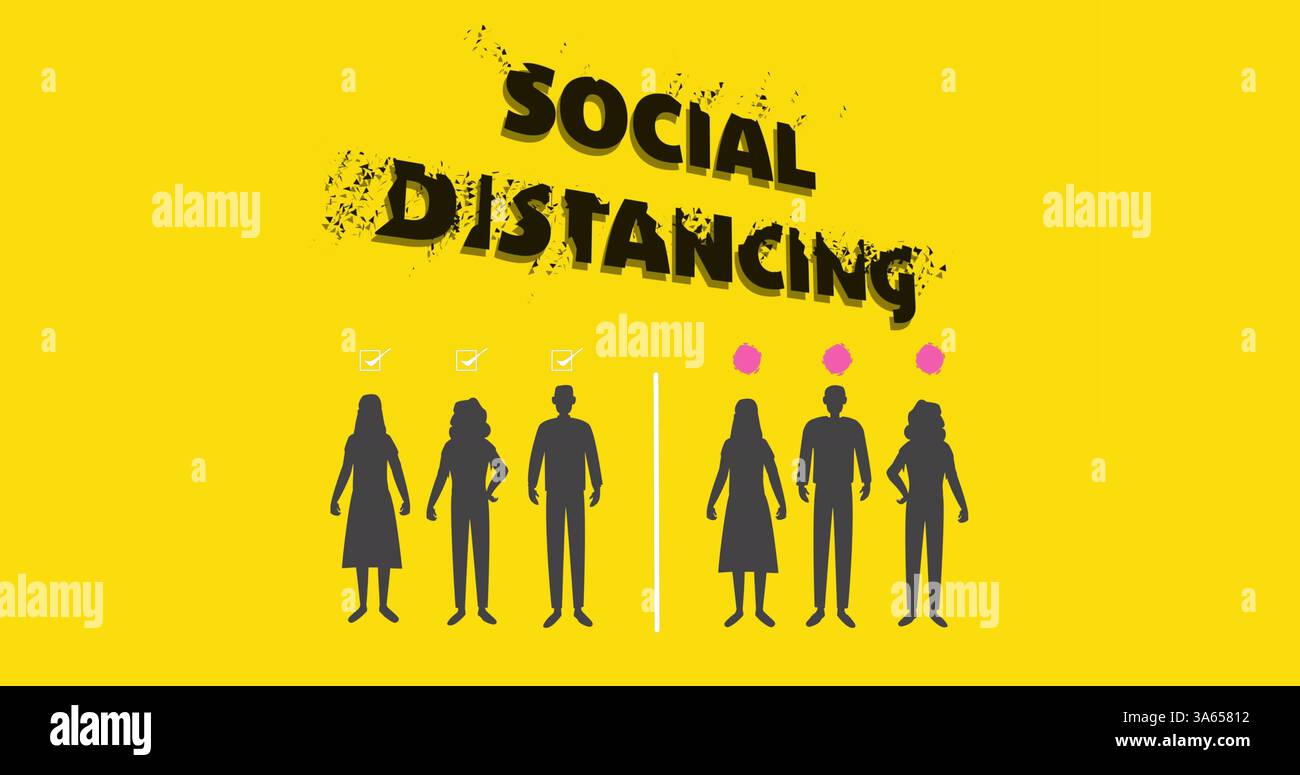 Silhouettes maintaining social distancing with check marks and caution ...