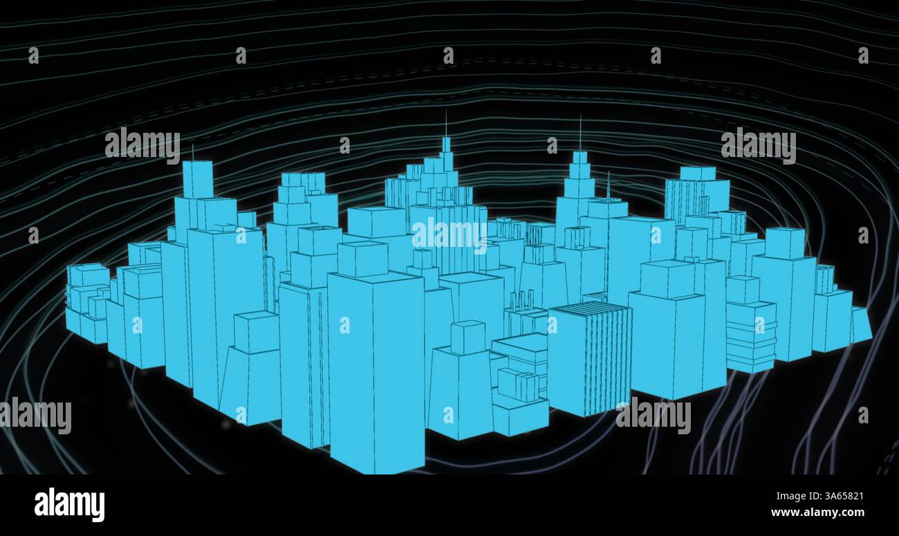 Image of 3d blue architectural drawing of city spinning over green map ...