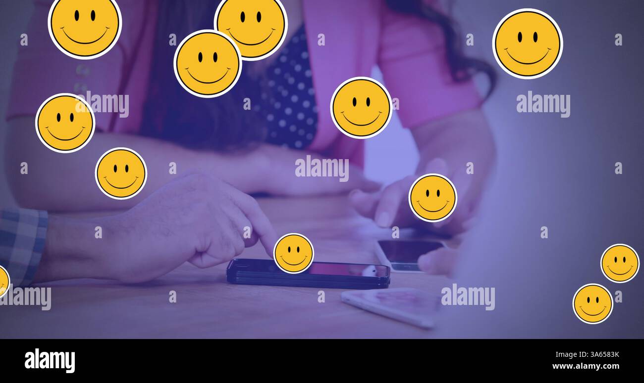 Image of multiple smiley face emojis against mid section of people ...