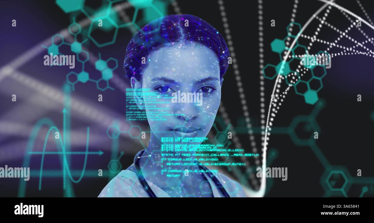 Image of digital interface with DNA strand and medical icons and data ...