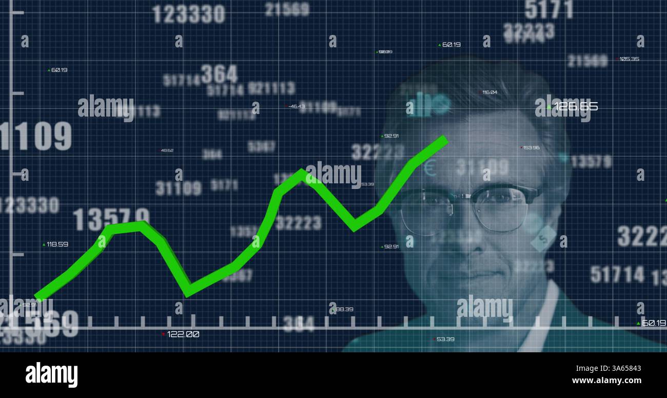 Image of interface with numbers changing over businessman, green line ...