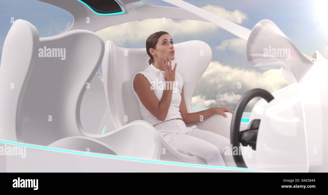 Image of woman in car with white interiors in autopilot mode driving ...