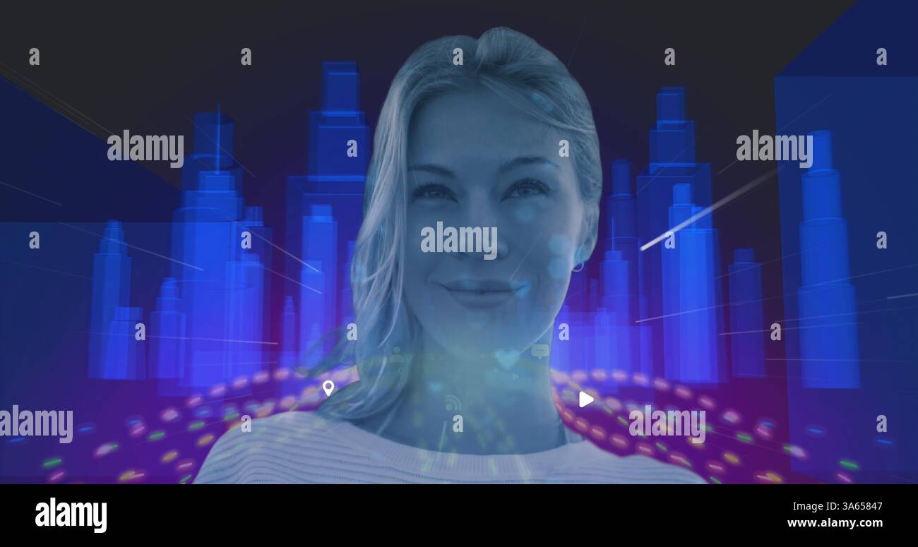 Image of digital interface with icons and glowing 3D architectural ...